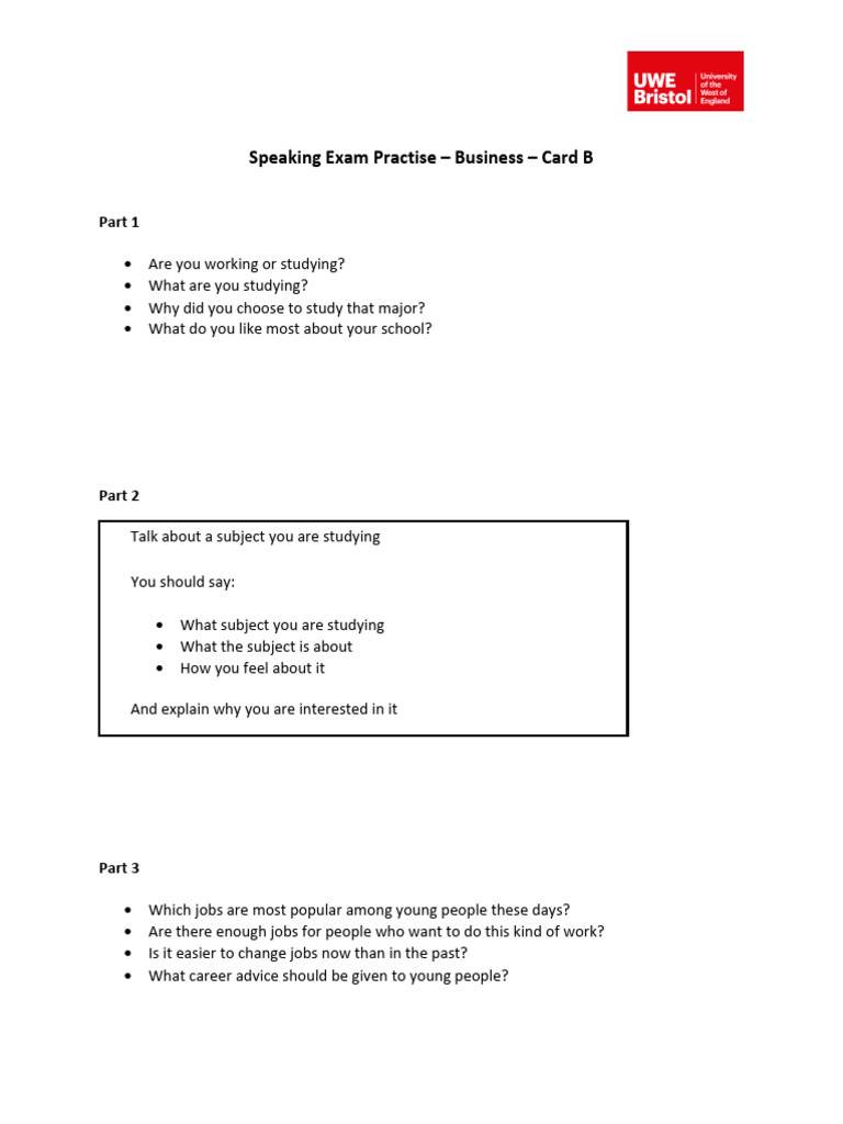 02 Card B - Speaking Exam Practise - Business | PDF