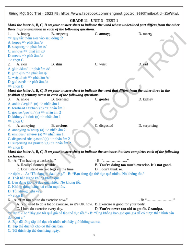 GRADE 11 - UNIT 3 - TEST 1 - KEYS | PDF