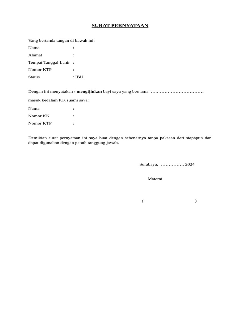 Surat Pernyataan KK Ikut BPK | PDF