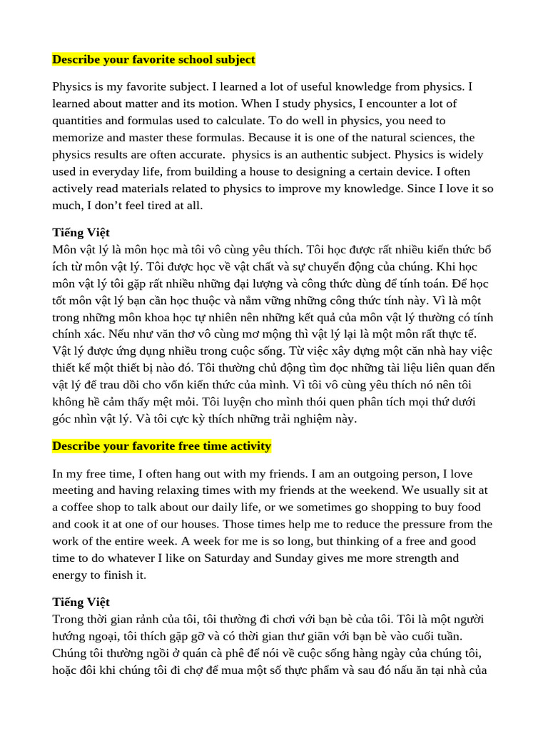Describe Your Favorite School Subject | PDF