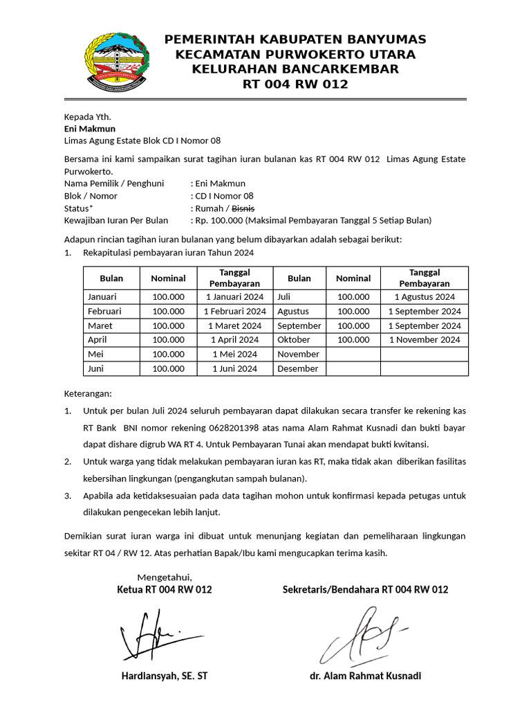 Surat Tagihan Iuran Bulanan RT 004 | PDF