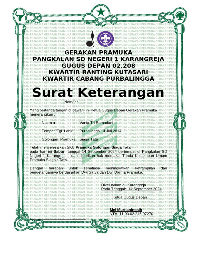 Piagam Sku Siaga Garuda Tata Putri-Vania | PDF