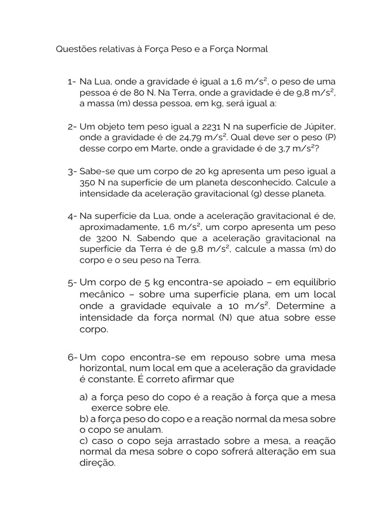 Questões sobre Força Peso e Normal | PDF