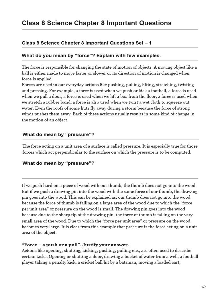 Important Question Class 8 Science Chapter 8 (1) | PDF | Force | Pressure