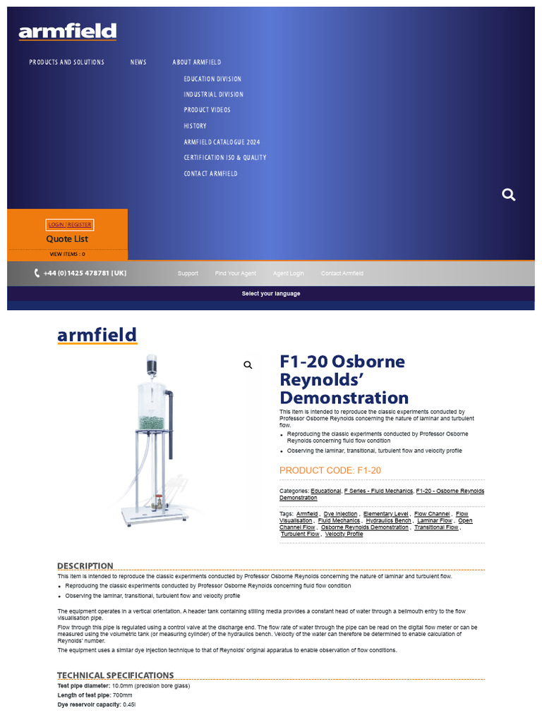 F1-20 Osborne Reynolds' Demonstration - Armfield | PDF | Reynolds ...