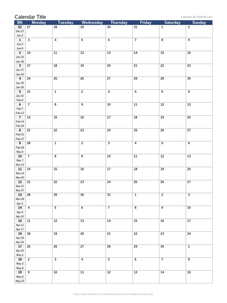 Continuous Monthly Calendar Template | PDF