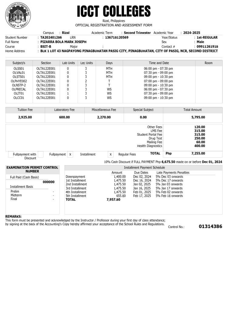 Official Registration and Assessment Form | PDF