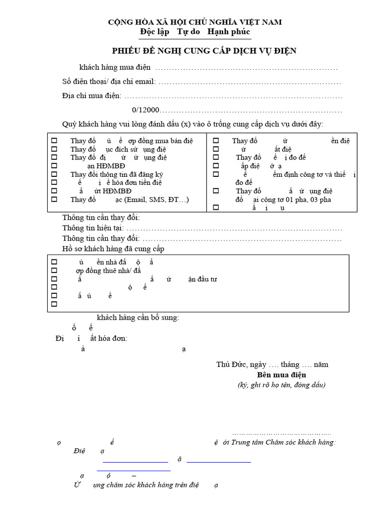 PHIẾU ĐỀ NGHỊ CUNG CẤP DỊCH VỤ ĐIỆN | PDF