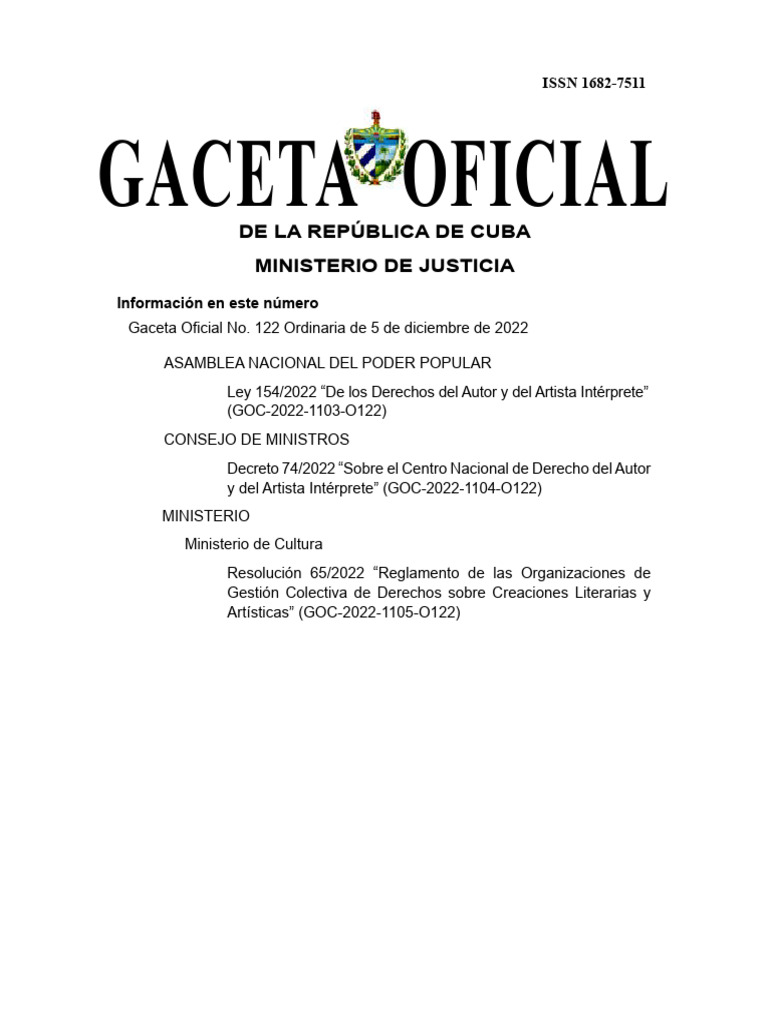 Ley 154_2022, De los Derechos del Autor y del Artista Intérprete, CUBA ...
