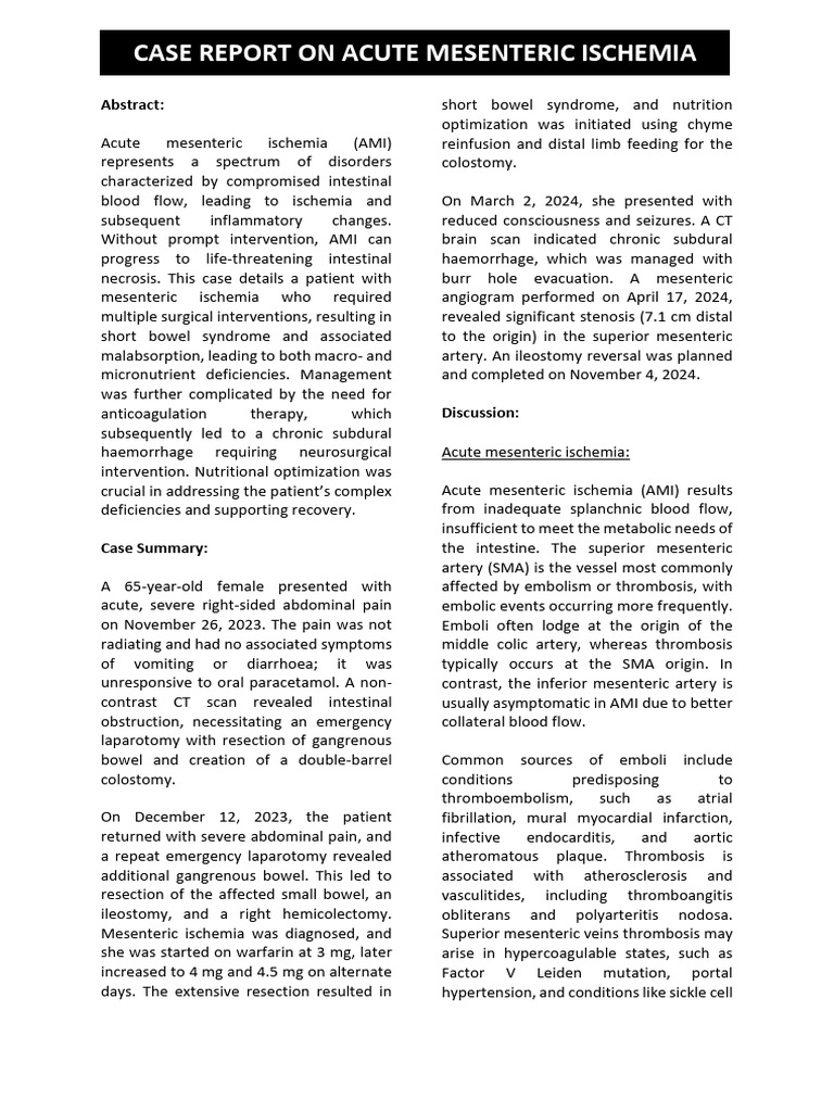 Case Report On Acute Mesenteric Ischemia | PDF | Thrombosis | Ischemia