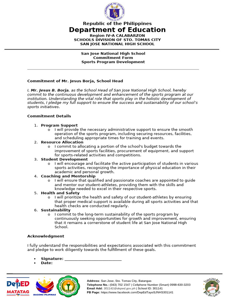 San Jose National High School Sports Commitment | PDF | Mentorship ...