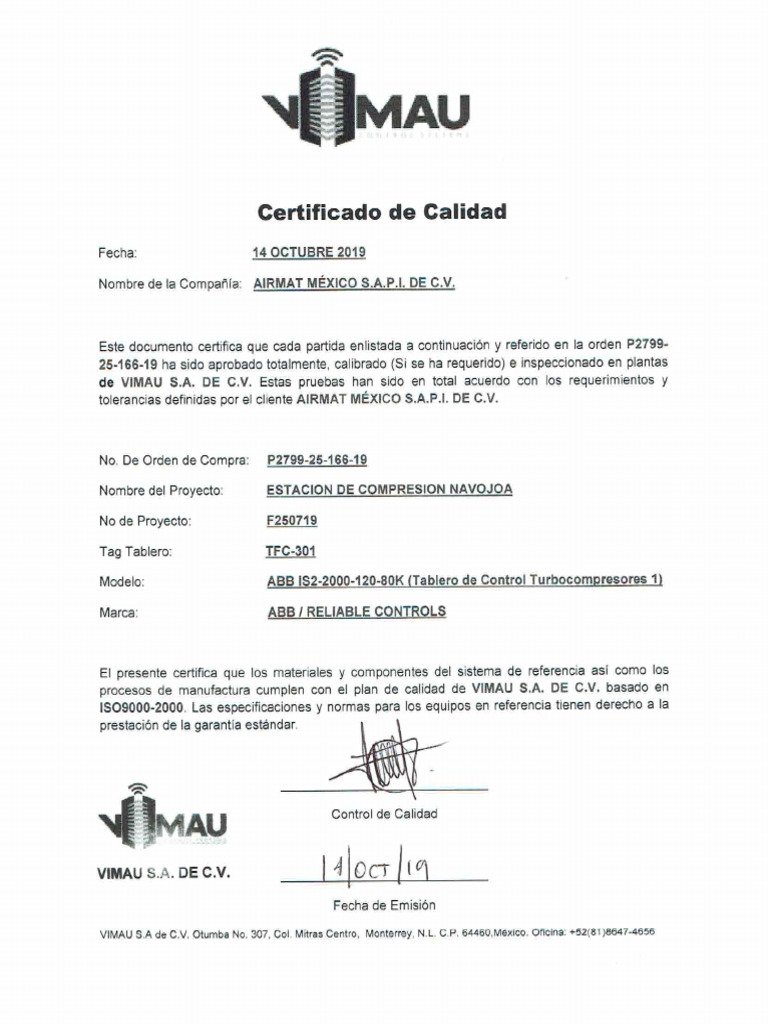 Certificado Calidad - TFC-301 | PDF