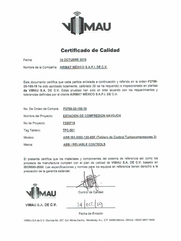 Certificado Calidad - TFC-501 | PDF