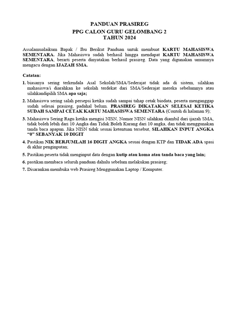 Panduan Prasireg PPG UNP 2024 | PDF