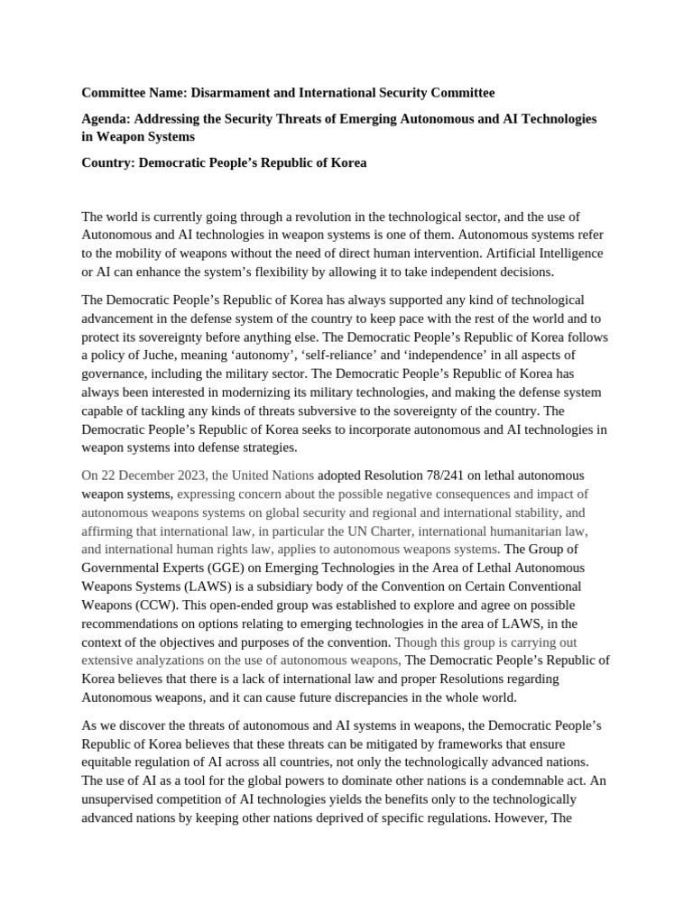 Position Paper - DPRK | PDF | Artificial Intelligence | Intelligence ...