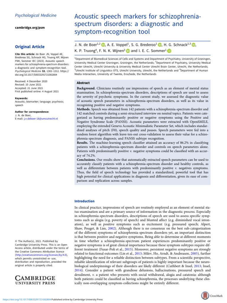 2.psychological Medicine Acoustic Speech Markers For Schizophrenia ...
