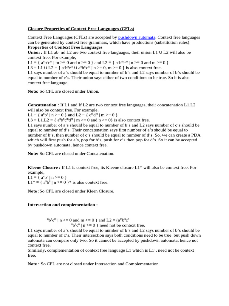 Closure Properties of Context Free Languages | PDF