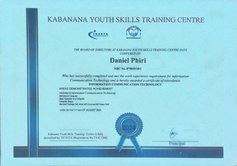 ICT-CERTIFICATE_Daniel Phiri | PDF