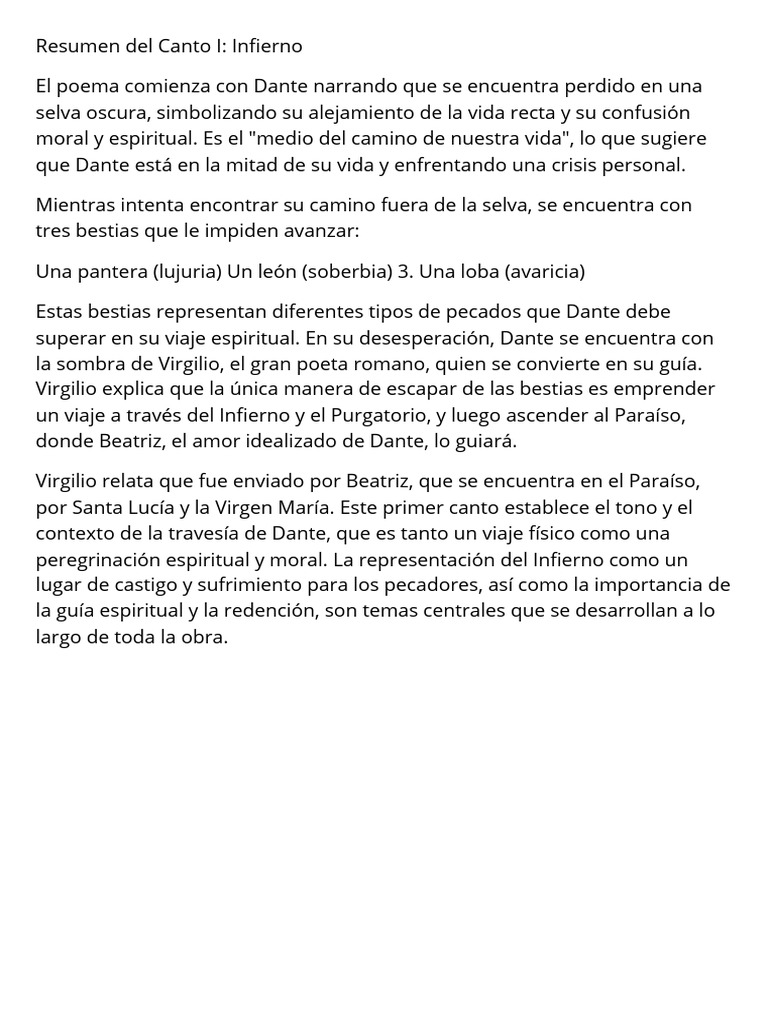 ¡Claro! Aquí tienes un resumen del Canto I del Infierno en la Divina ... ¡Claro! Aquí tienes un resumen del Canto I del Infierno en la Divina ...