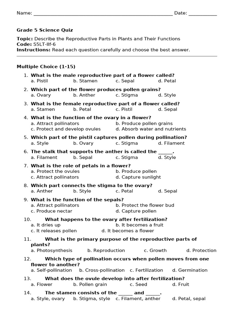 Science 5 2ND Quarter Quiz | PDF | Plant Reproduction | Flowers
