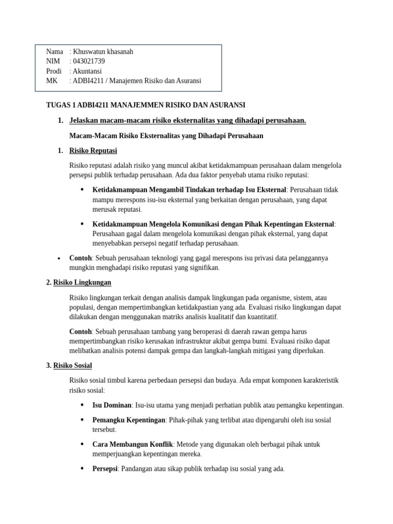 TUGAS 1 ADBI4211 MANAJEMEN RISIKO DAN ASURANSI,043021739 | PDF
