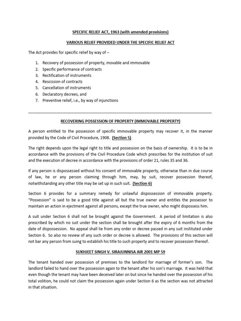 Specific Relief Act - Reading Material | PDF | Injunction | Legal Remedy