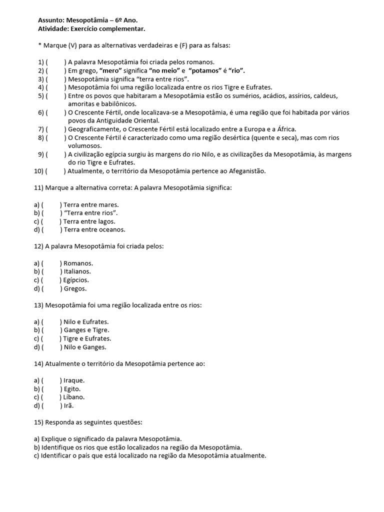 Exercício Complementar - 6º Ano - A4 | PDF