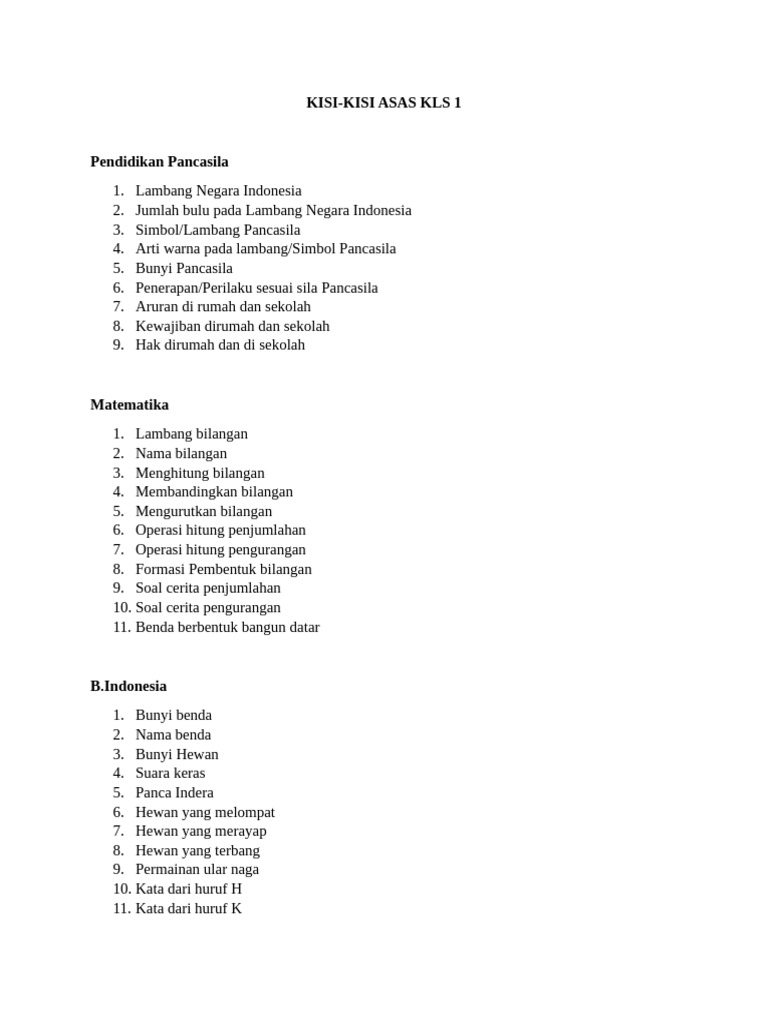 Kisi-Kisi Asas Kelas 1 SD | PDF