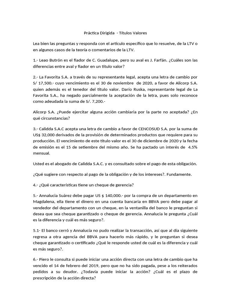 Práctica Dirigida 2 Títulos Valores | PDF | Pagaré | Pagos