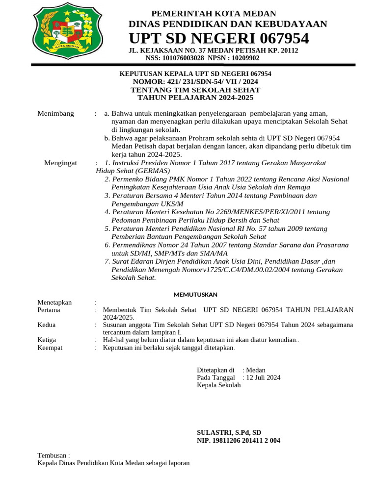 Pembentukan Tim Sekolah Sehat 2024-2025 | PDF