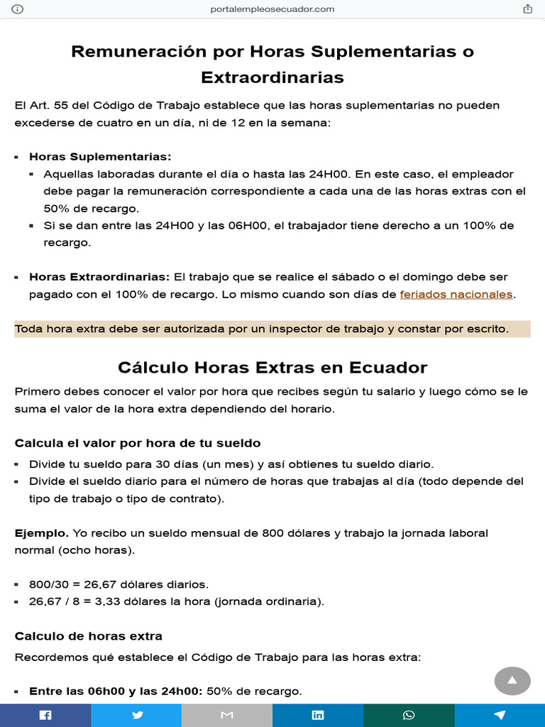 Cálculo de Horas Extras en Ecuador 2020 Calculadora y Ejemplo | PDF