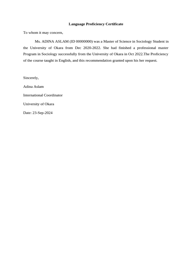 Language Proficency Letter | PDF