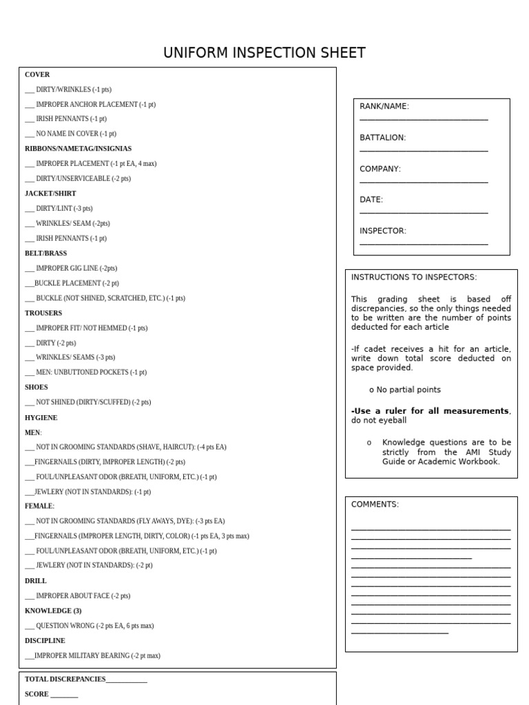 Uniform Inspection Sheet | PDF | Clothing | Uniforms