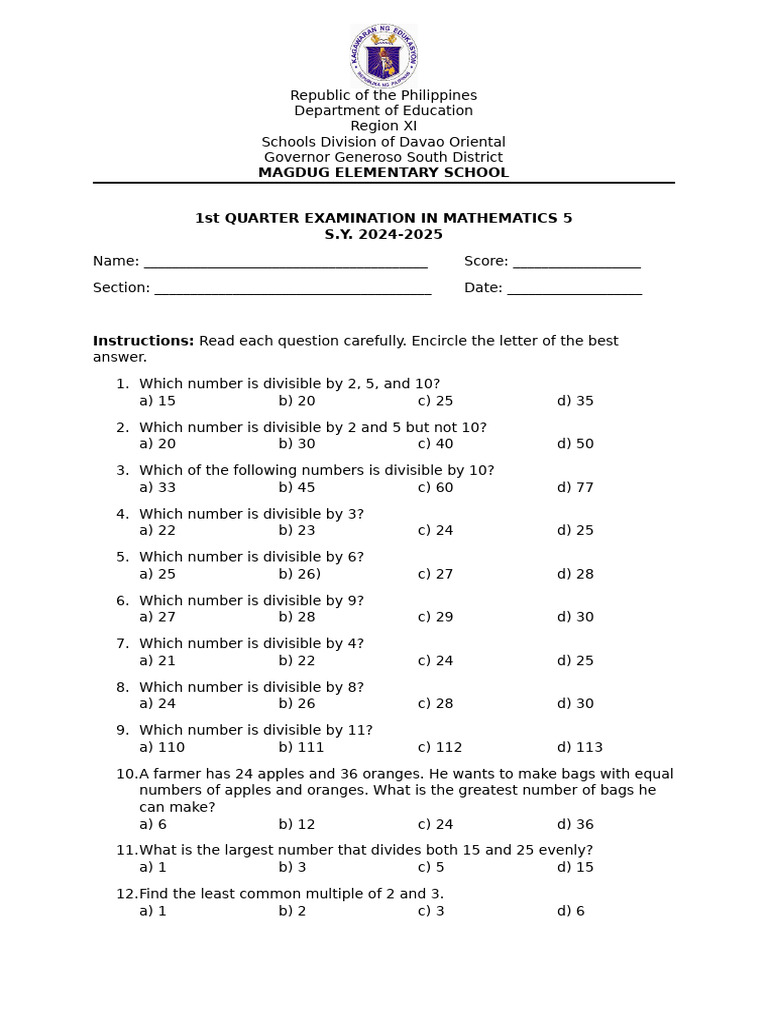 1st QUARTER EXAMINATION IN MATHEMATICS 5 | PDF | Mathematics | Arithmetic