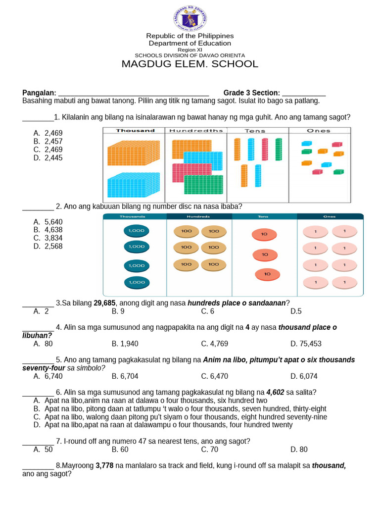 G3 Math Q1 Periodical Test 1 | PDF