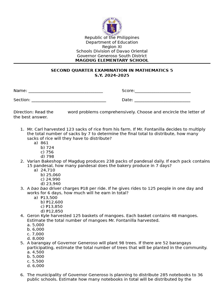 Grade 4 Math Quarter 2 Exam & Answers | PDF | Arithmetic | Mathematics