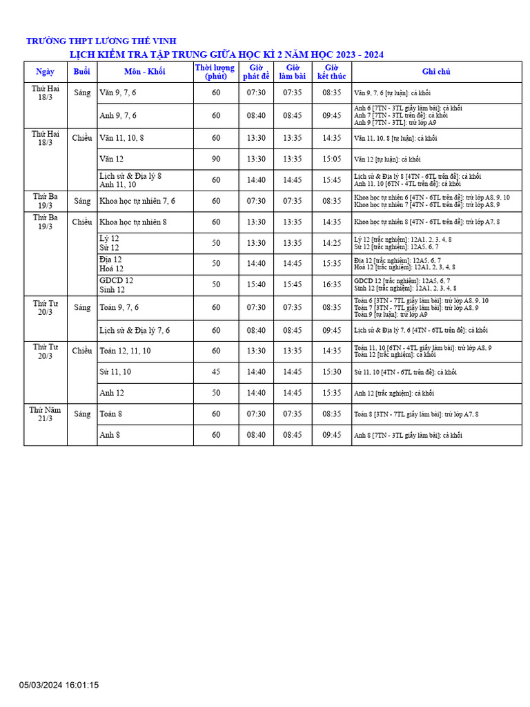 LTV_Lịch-kiểm-tra-giữa-HK2-năm-học-2023-2024 | PDF