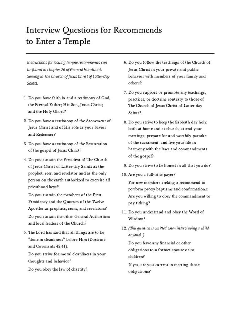 Temple Recommend Interview Questions | PDF | Prophet | Christian Movements