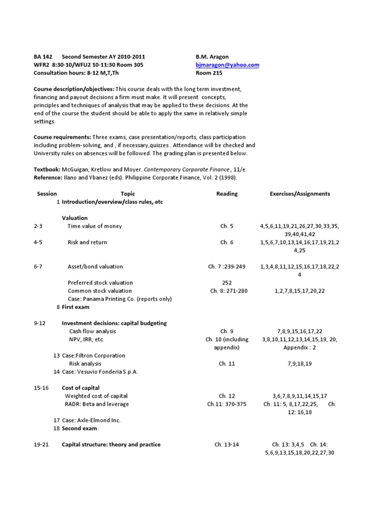 BA 142 Finance Course Outline | PDF | Valuation (Finance) | Money