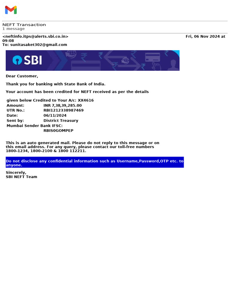 NEFT Transaction Receipt Notification | PDF