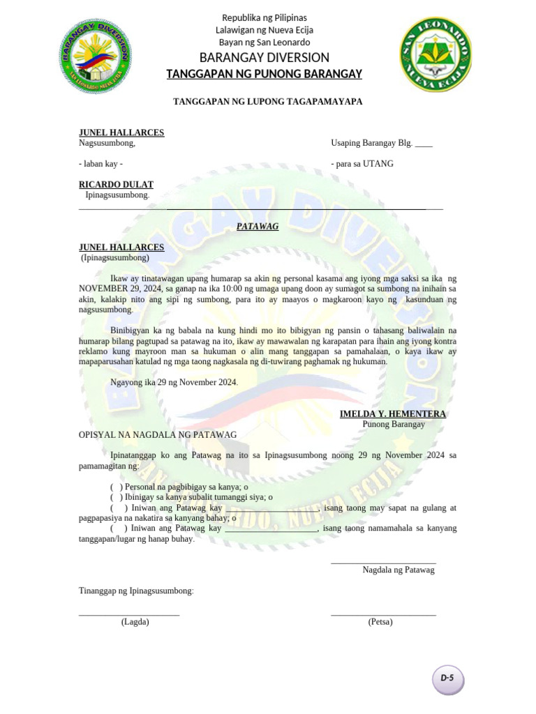 KP. FORM 9 Patawag | PDF
