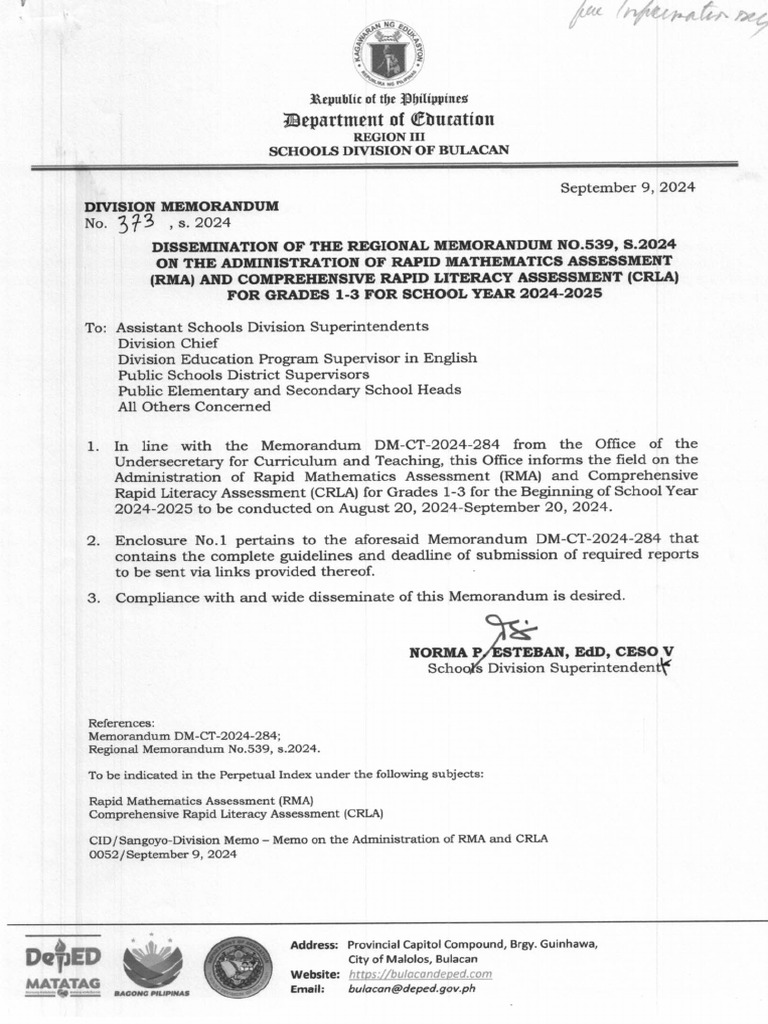 Division Memorandum No 373 S 2024 | PDF