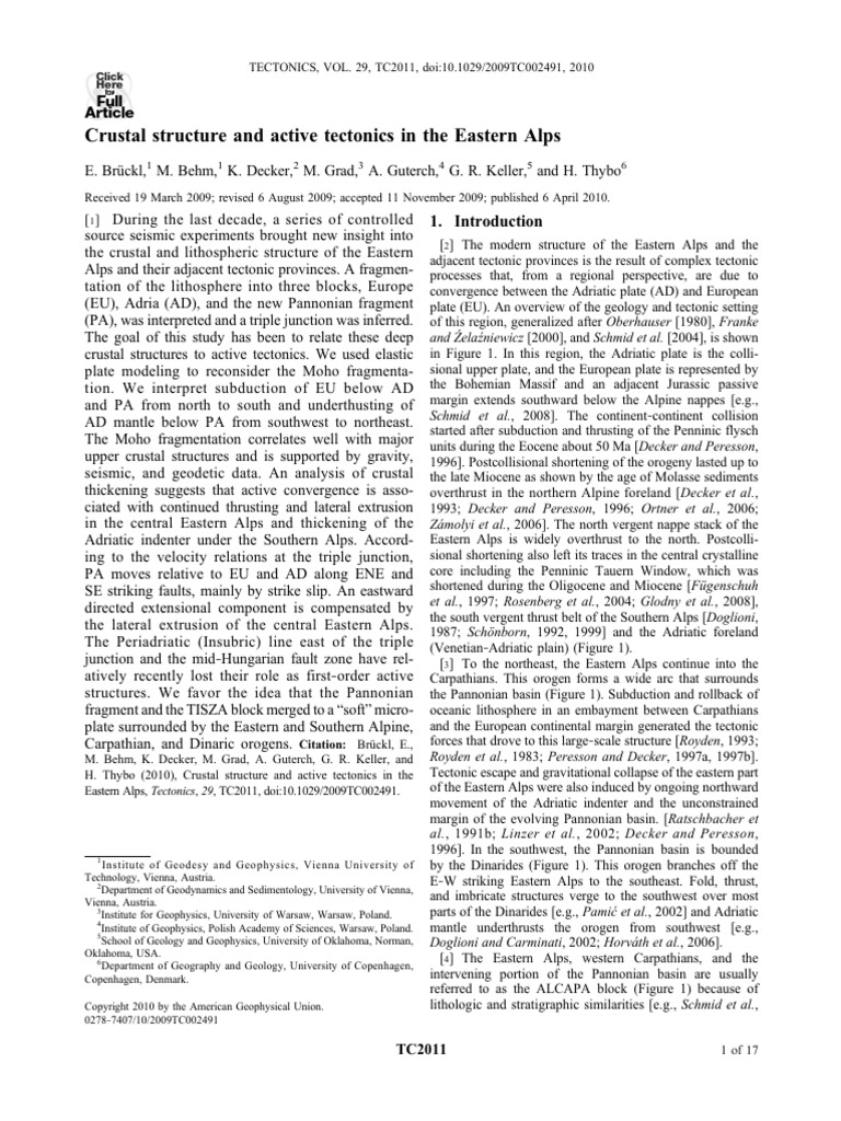 Tectonics - 2010 - Brückl - Crustal structure and active tectonics in the Eastern Alps | PDF ...