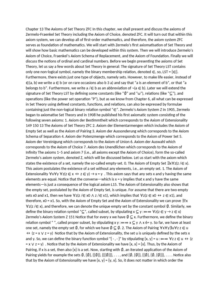 Chapter 13 The Axioms of Set Theory ZFC in This Chapter | PDF | Empty ...
