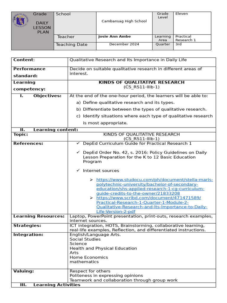 Grade 11 LESSON PLAN | PDF | Qualitative Research | Methodology