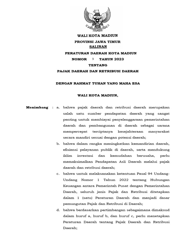 Perda No 9 Th 2023 Tentang PDRD Kota Madiun | PDF