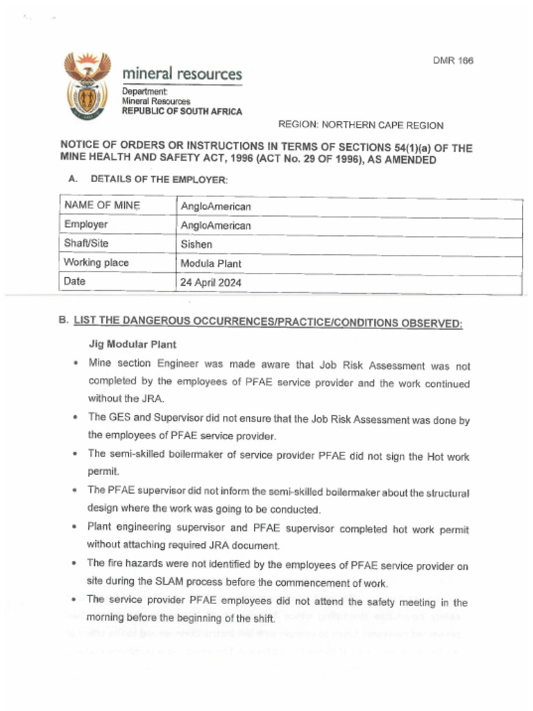 DMRE Notice of Section 54 - 24.04.2024 - Sishen Mine | PDF