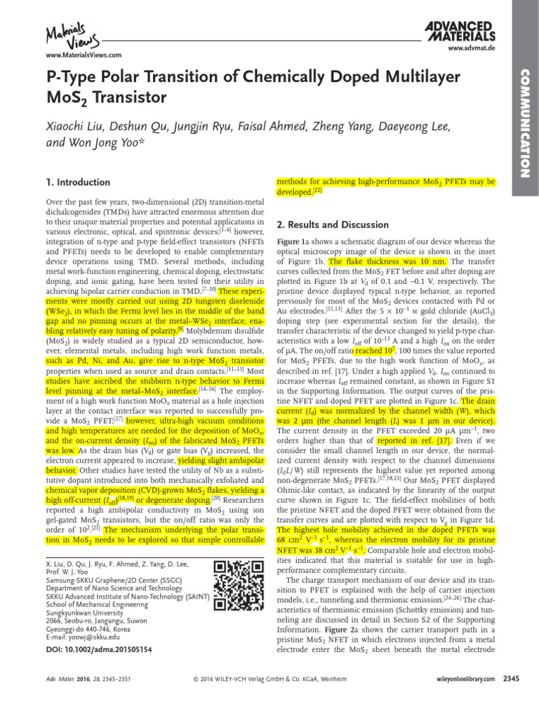 P-Type Transition in Doped MoS2 Transistors | PDF | Doping ...
