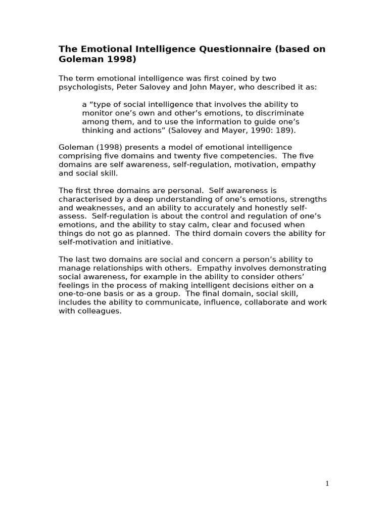 Goleman's Emotional Intelligence Questionnaire | PDF | Emotional ...