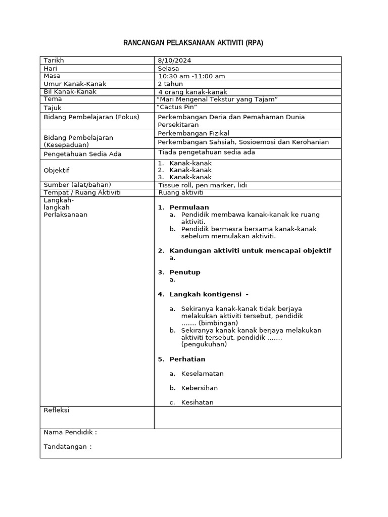 RANCANGAN PELAKSANAAN AKTIVITI | PDF